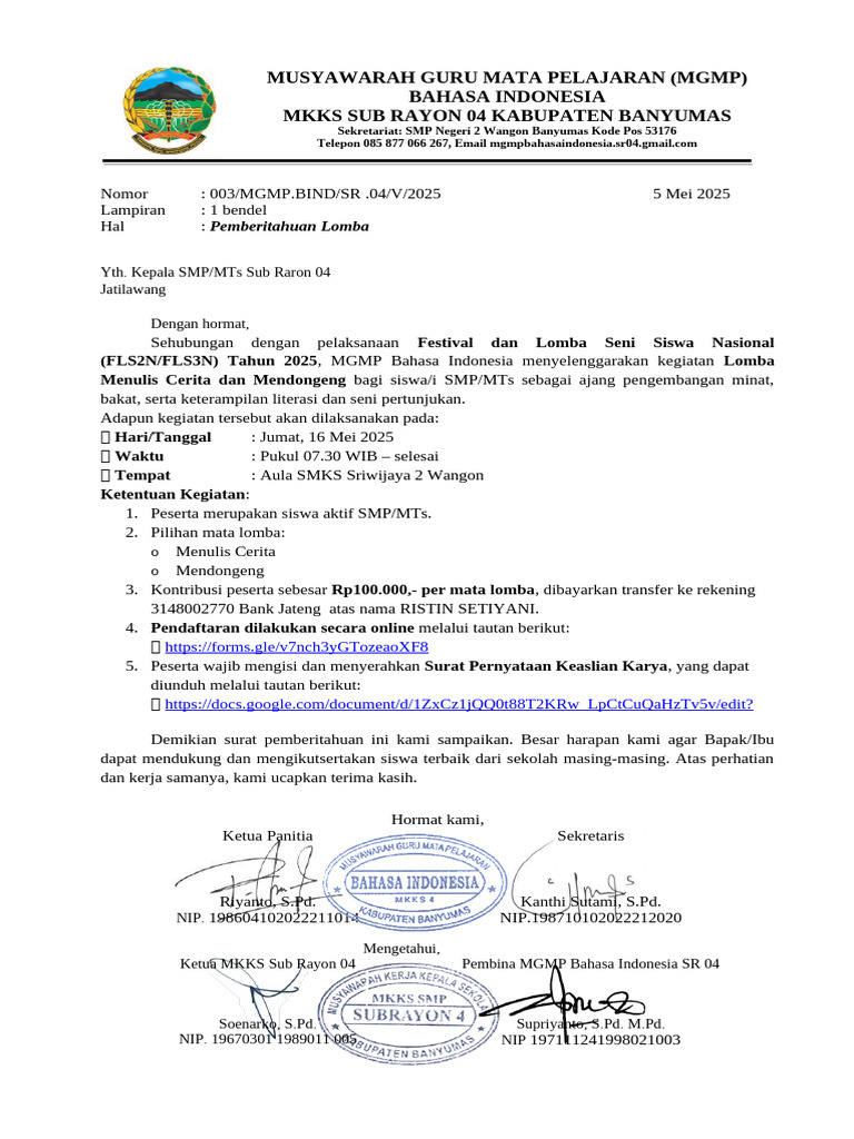 003 MGMP Surat Pemberitahuan Lomba | PDF