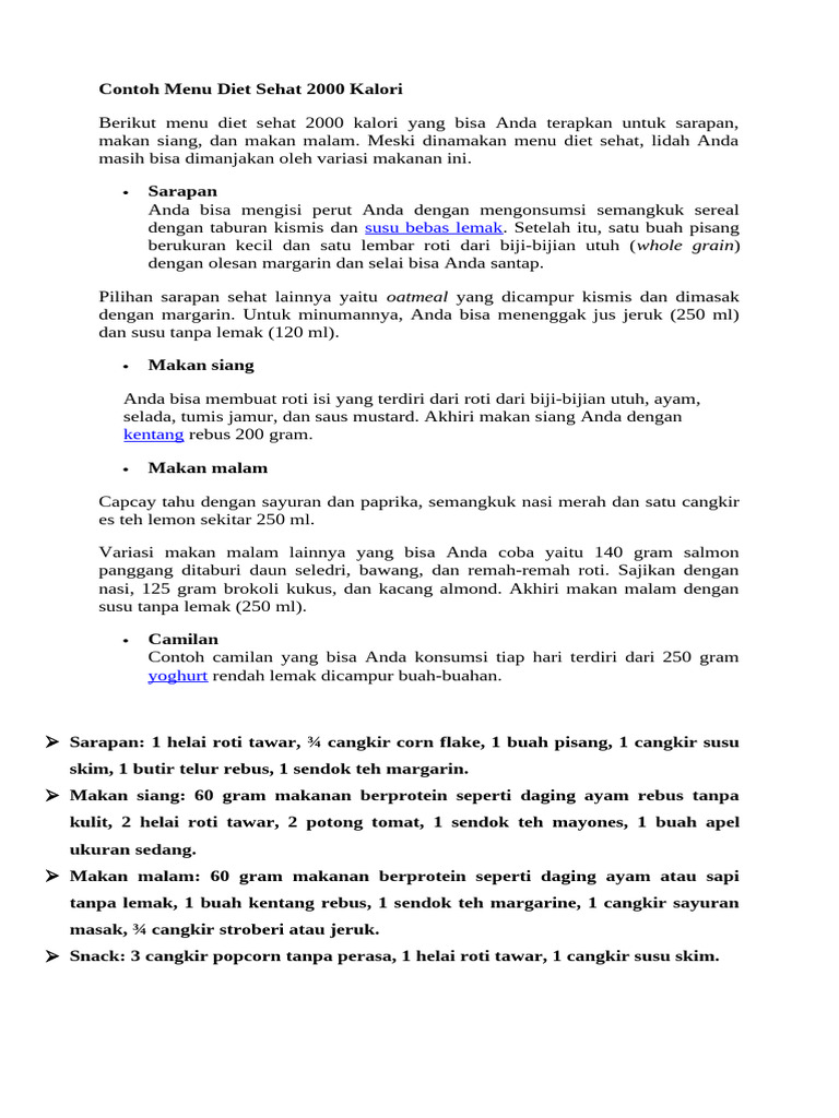 Contoh Menu Diet Sehat 2000 Kalori | PDF