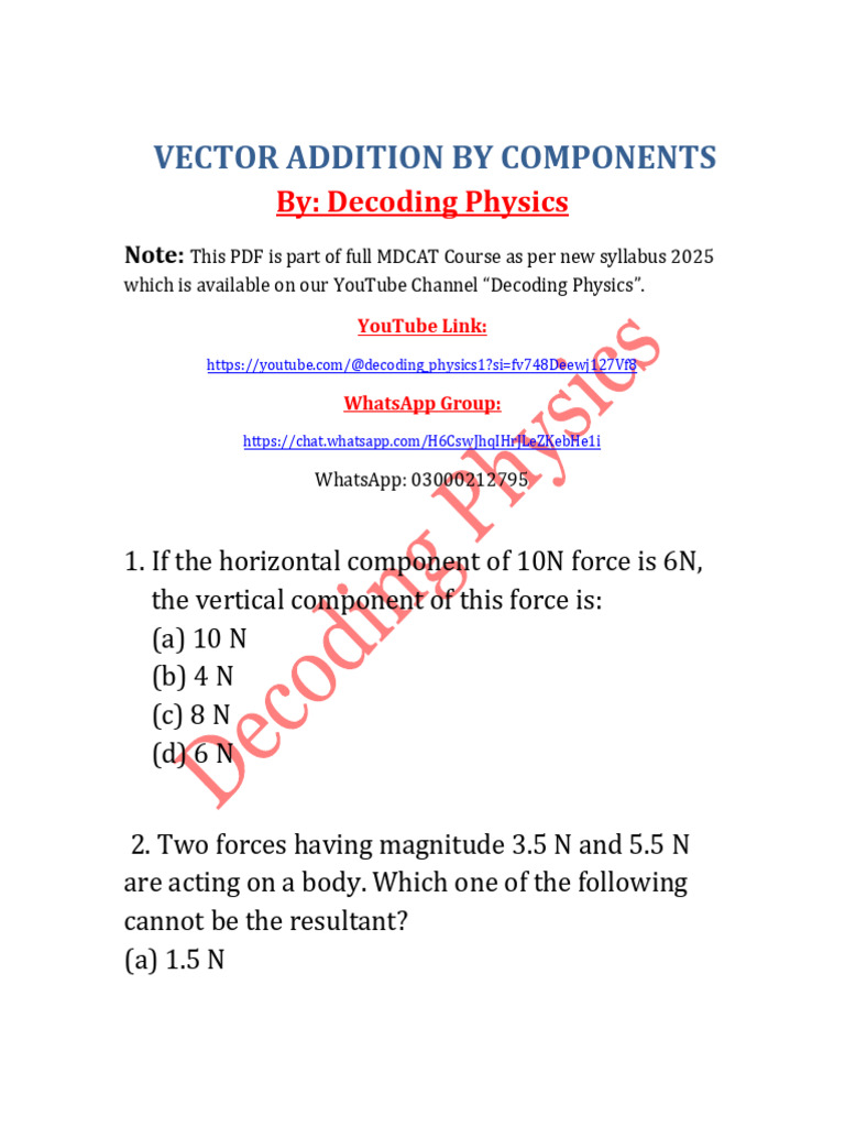 Vector Addition MCQs - Decoding Physics | PDF | Cartesian Coordinate ...