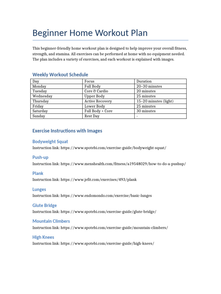 Beginner Home Workout Plan | PDF
