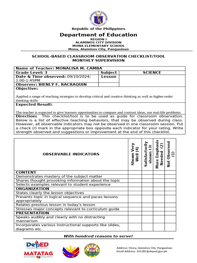 Classroom Observation Checklist | PDF | Teachers | Learning