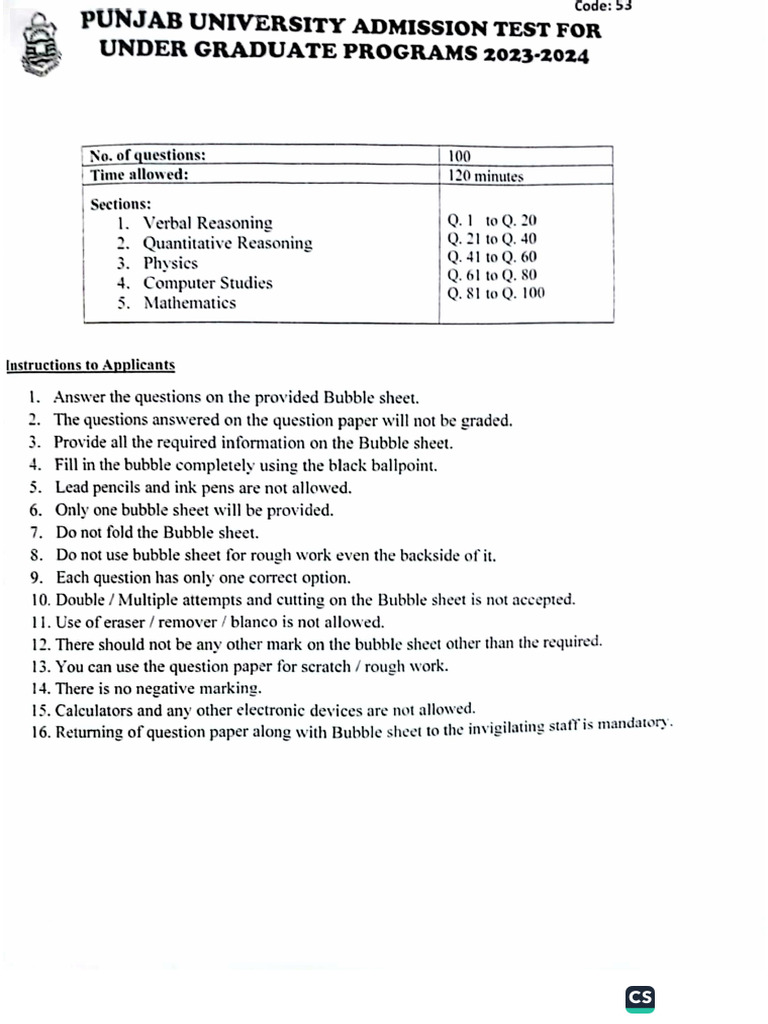 Pu CSP Admission Test 2023 | PDF