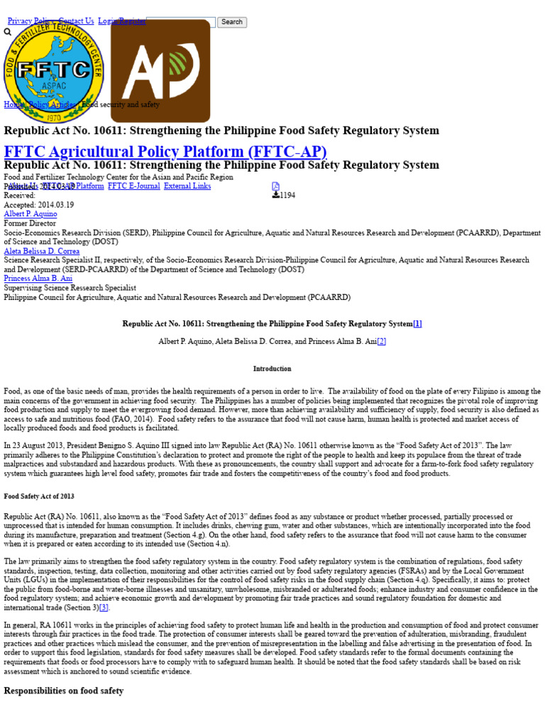 Republic Act No. 10611 - Strengthening The Philippine Food Safety Regulatory System - FFTC ...