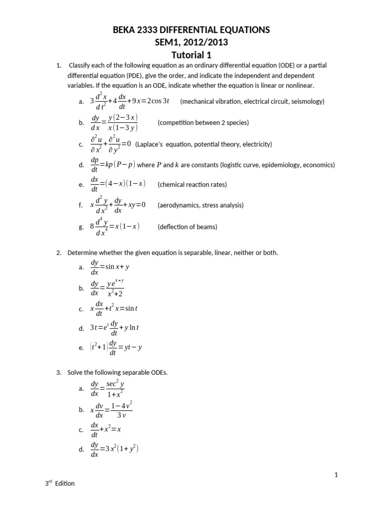 Tutorial 1 | PDF | Ordinary Differential Equation | Equations