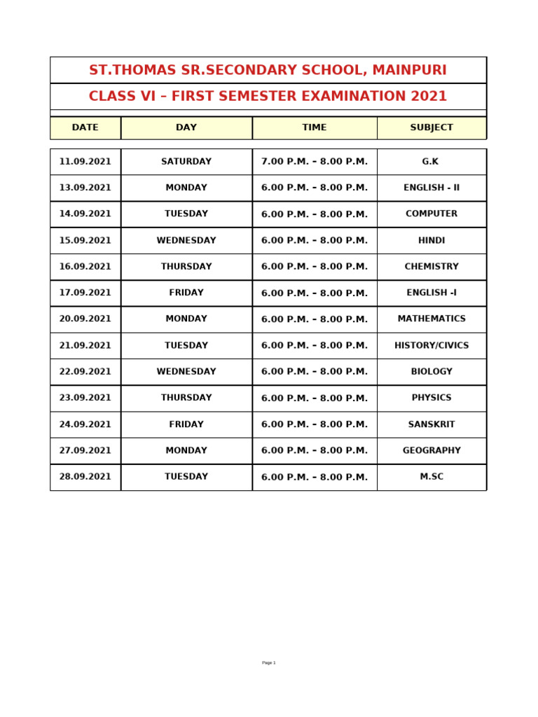 Class VI - First Semester Time Table | PDF