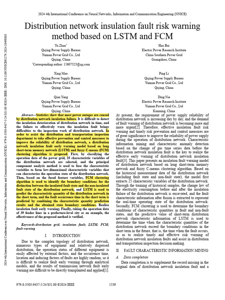 Distribution Network Insulation Fault Risk Warning Method Based On LSTM and FCM | PDF ...