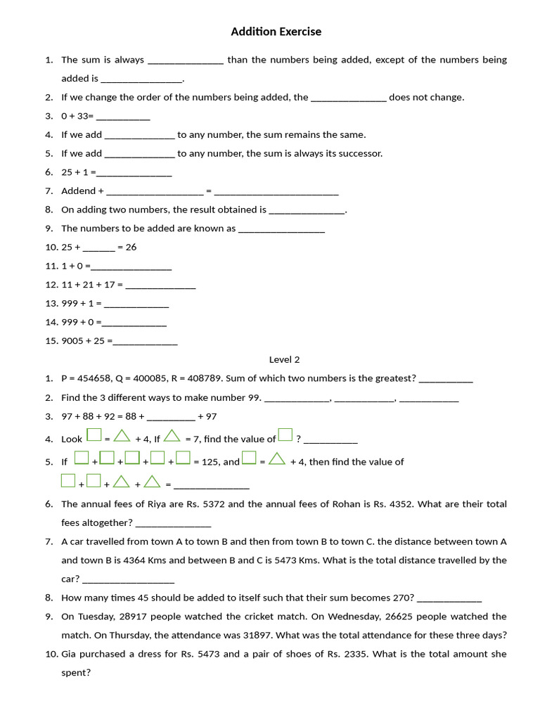Addition and Subtraction Exercise | PDF | Subtraction | Chess Theory