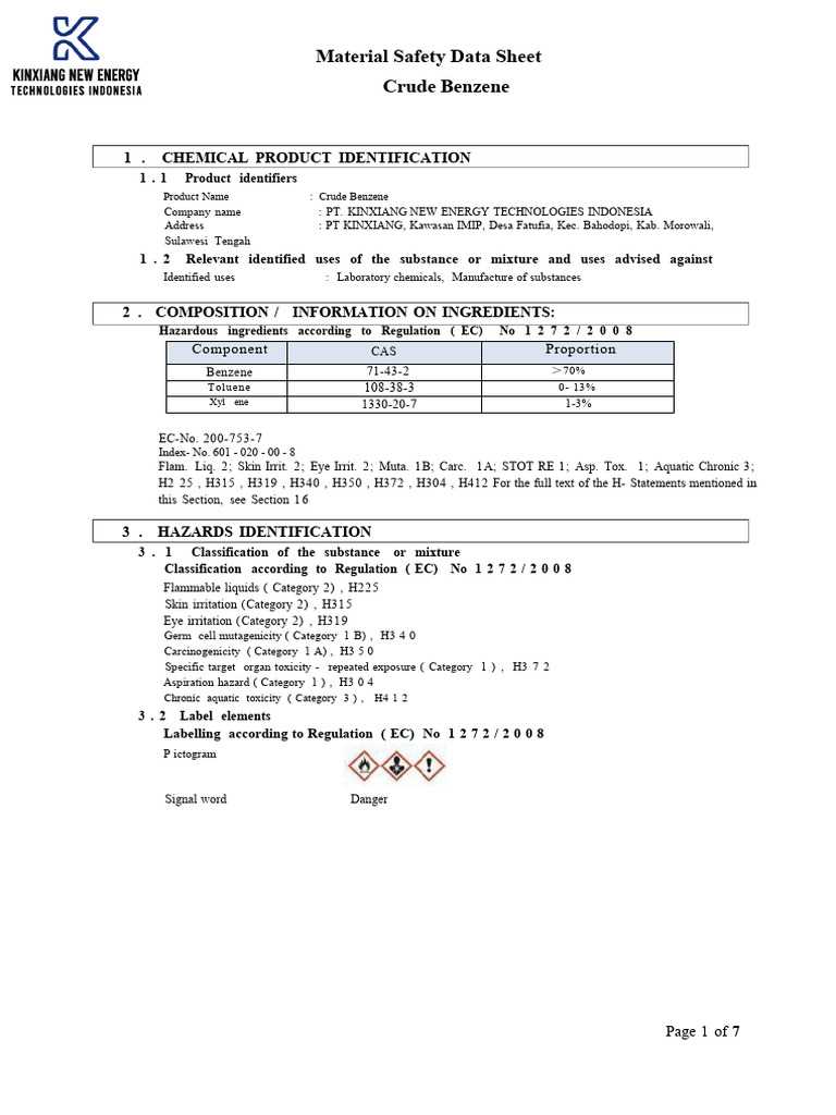 Crude Benzene Safety Data Sheet | PDF | Benzene | Personal Protective ...