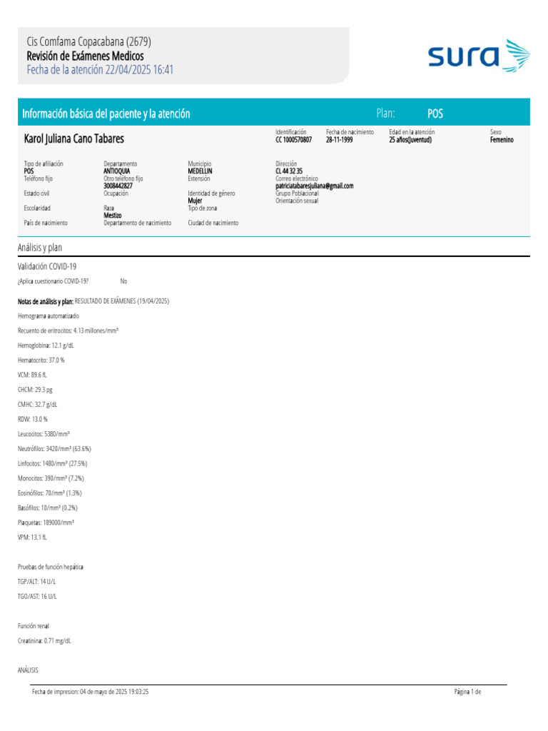 Historia Clinica Karol Juliana Cano Tabares | PDF | El embarazo | Menstruación