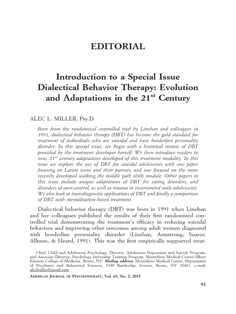 Miller 2018 Introduction To A Special Issue Dialectical Behavior Therapy Evolution and ...