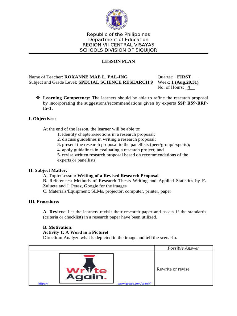 Revised Research Proposal Lesson Plan | PDF | Experiment | Quantitative ...