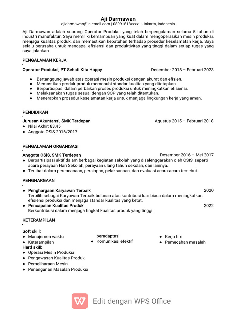 Contoh CV ATS Operator Produksi | PDF