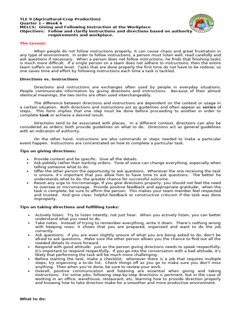 Q1W6 Giving and Following Instructions at The Workplace | PDF ...