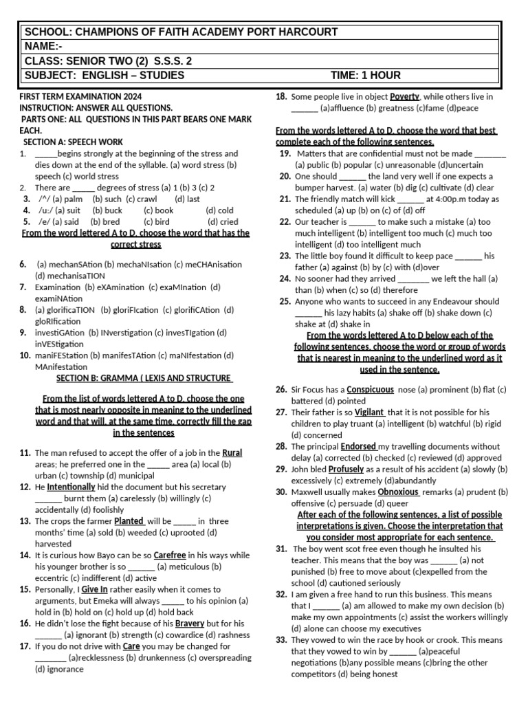 English Studies Ss2 Exam 1st Term | PDF