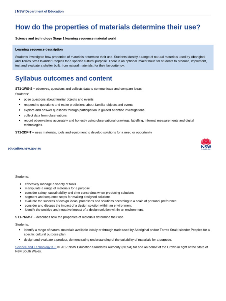 Science and Technology s1 Material World Learning Sequence | PDF ...