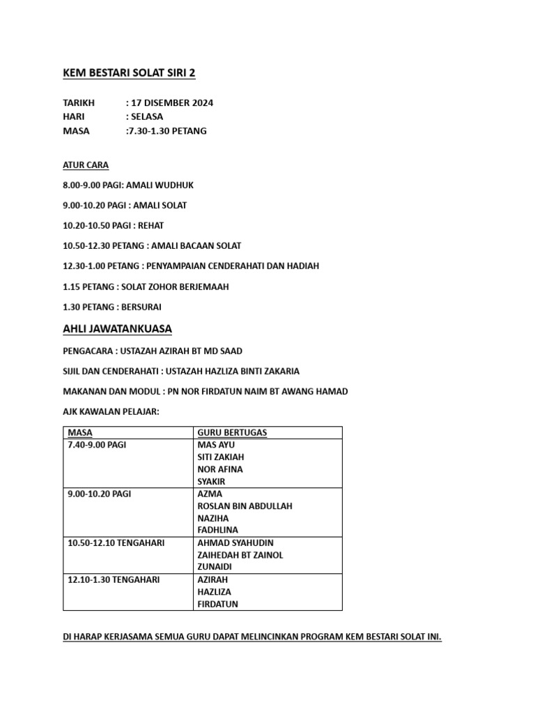 Ajk Dan Jadual Kem Bestari Solat Siri 2 | PDF