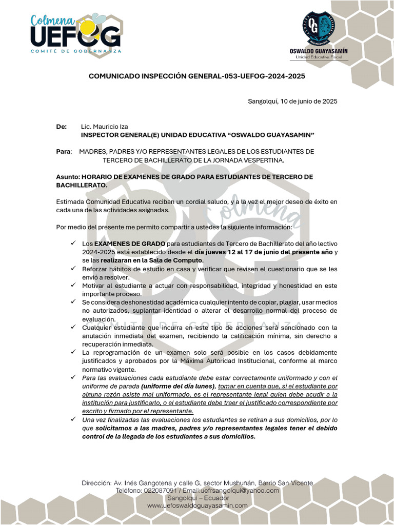 Comunicado-Ins-Gen-053-Uefog-2023-2024 Horario de Examenes de Grado para 3° de Bachillerato | PDF