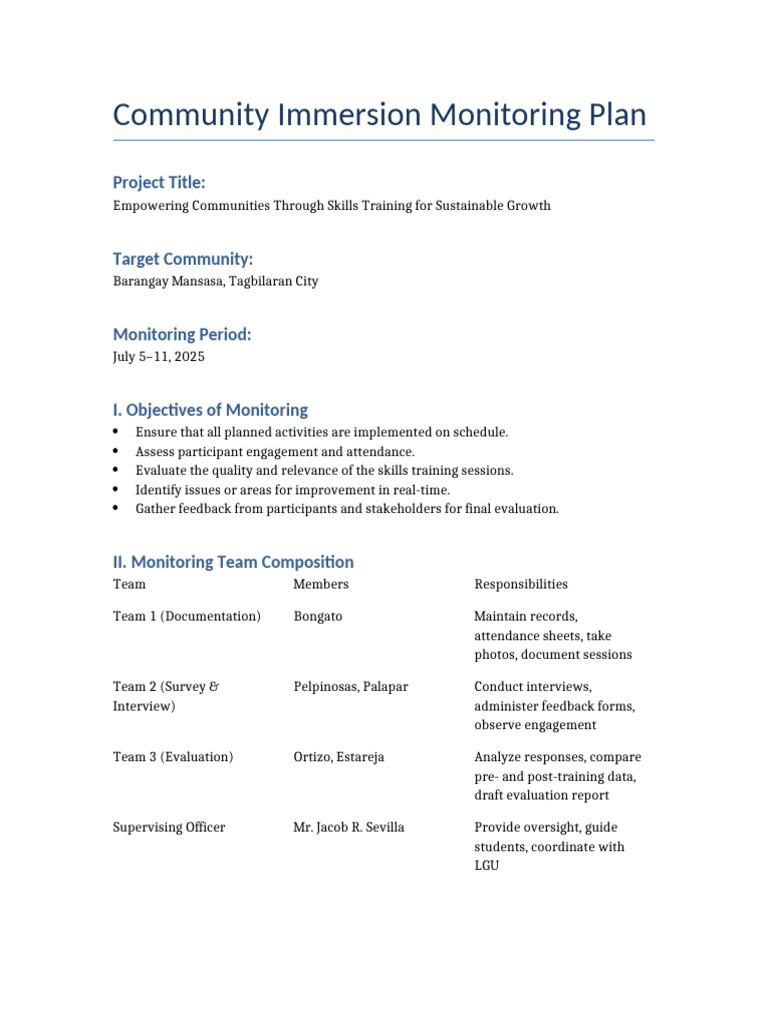 Community Immersion Monitoring Plan | PDF | Evaluation
