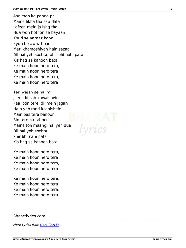 Main Hoon Hero Tera Lyrics | PDF
