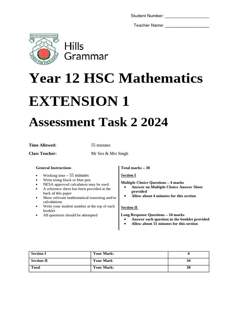 2024 HSC Mathematics X1 AT2 | PDF | Force | Mathematical Analysis