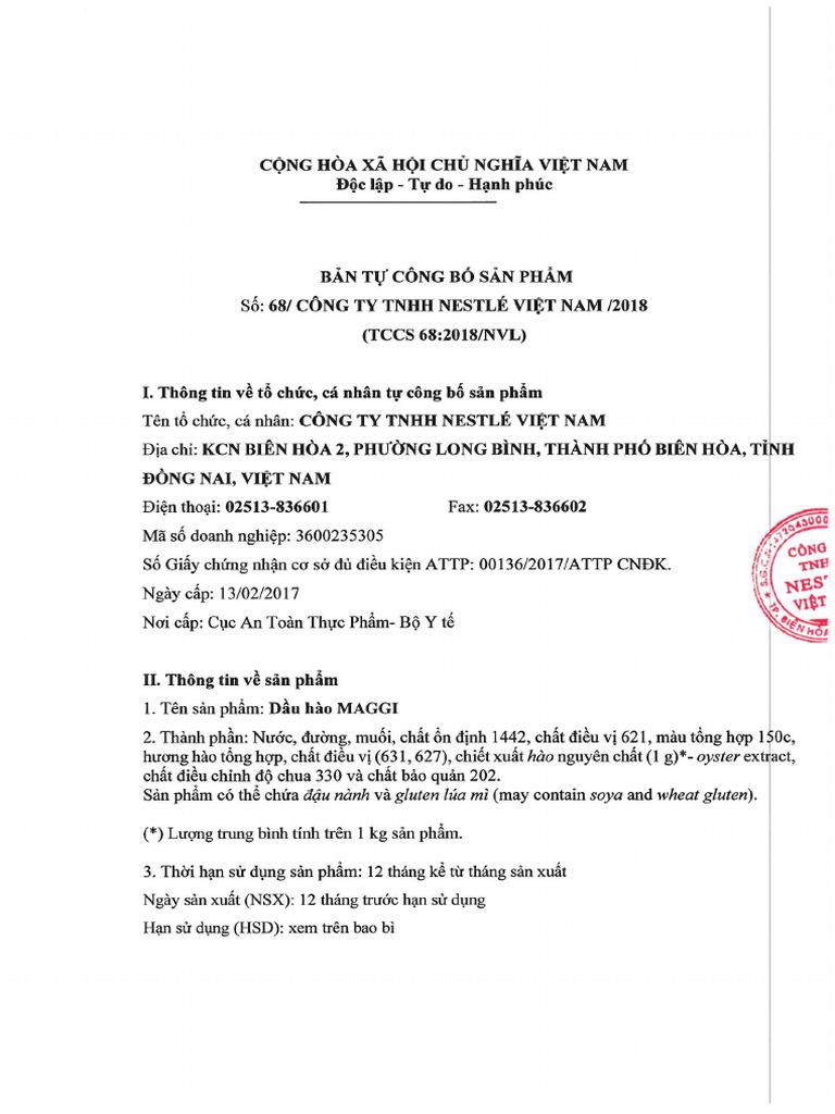 Ban Tu Cong Bo San Pham Dau Hao Maggi Tccs 68 2018 NVL 24092018 | PDF