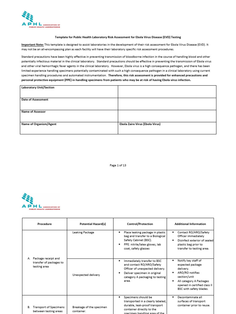 APHL Template For Public Health Lab Risk Assessment For Ebola | PDF ...