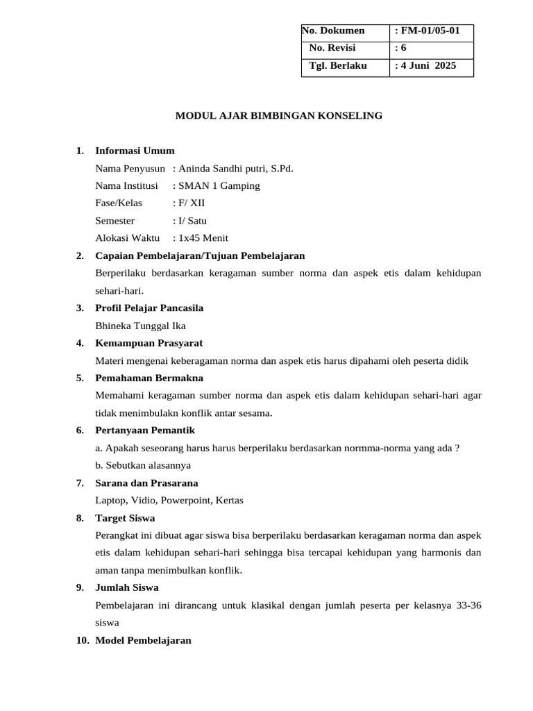 Modul Ajar BK Adiwiyata 2024-2025 | PDF