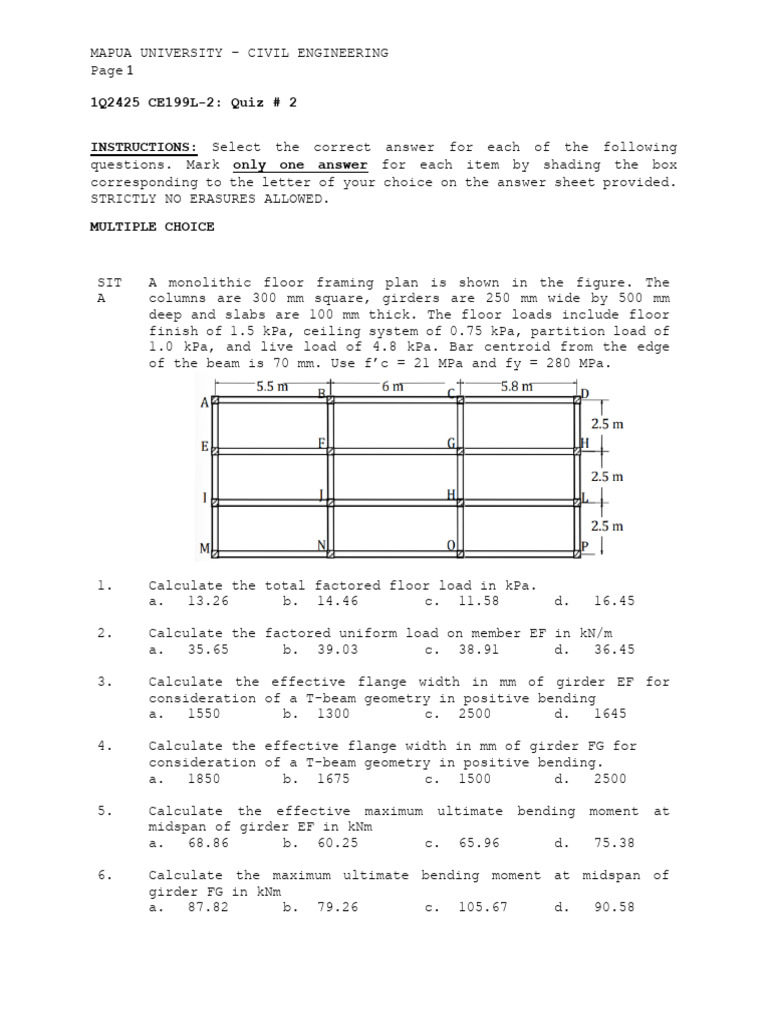 1Q2425 C2 Quiz 2 Without Answers | PDF | Bending | Structural Engineering