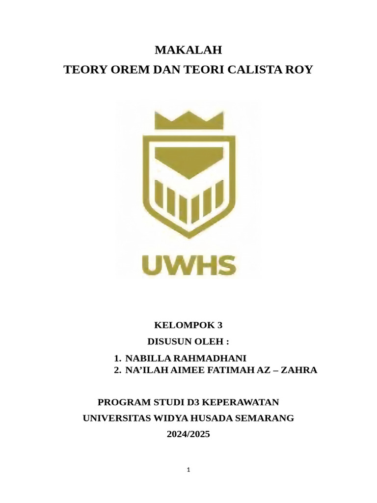 Makalah Teory Orem Dan Teori Calista Roy New | PDF