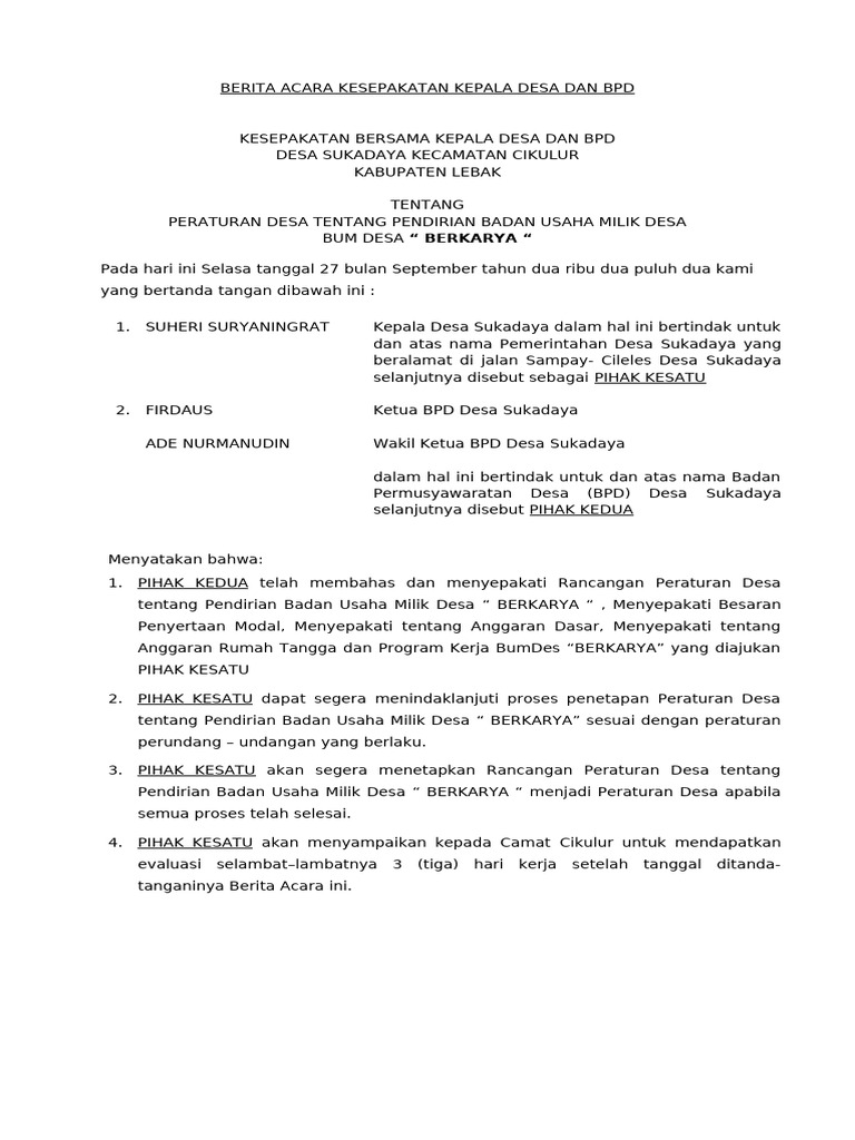 Berita Acara Kesepakatan Kepala Desa Dan BPD | PDF