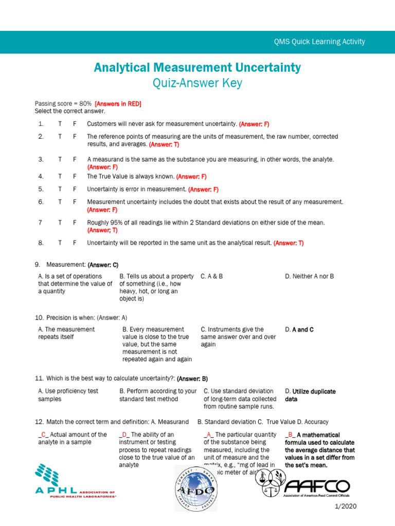 Measurement Uncertainty Quiz Answers | PDF | Measurement | Standard ...