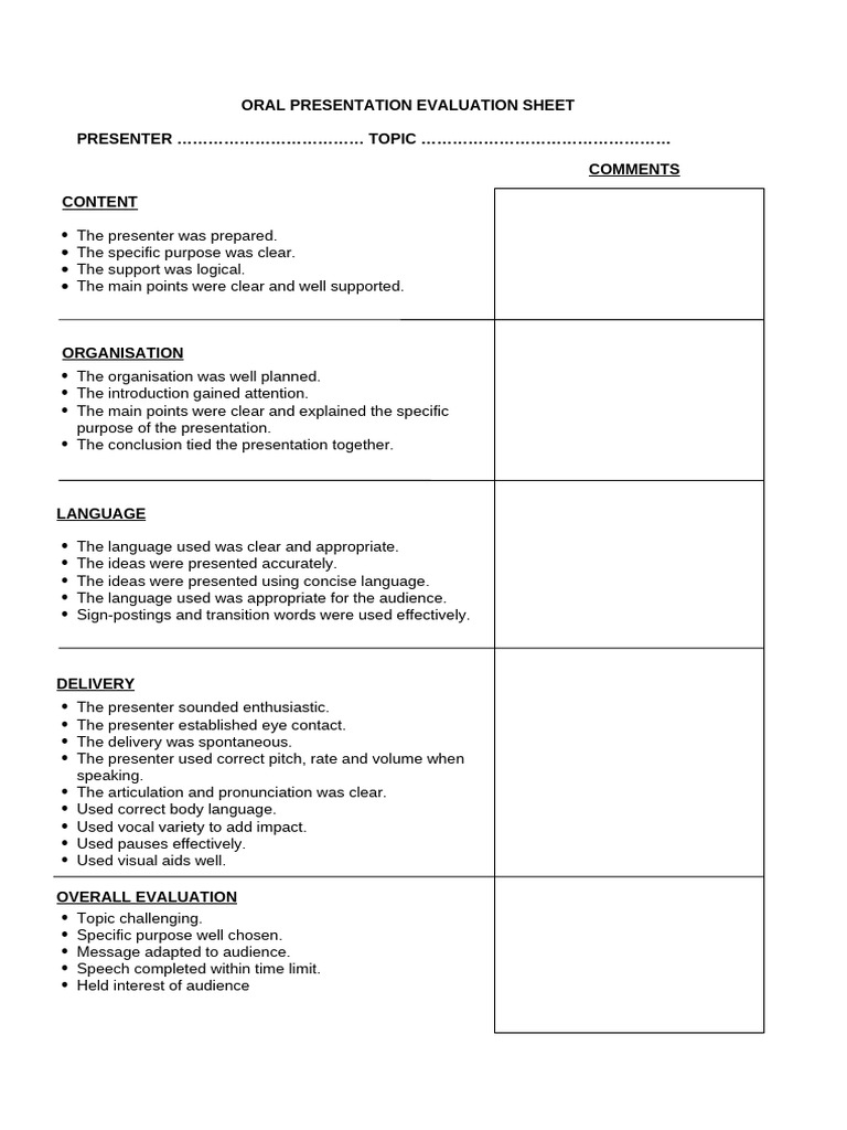 Oral Presentation Evaluation Sheet | PDF