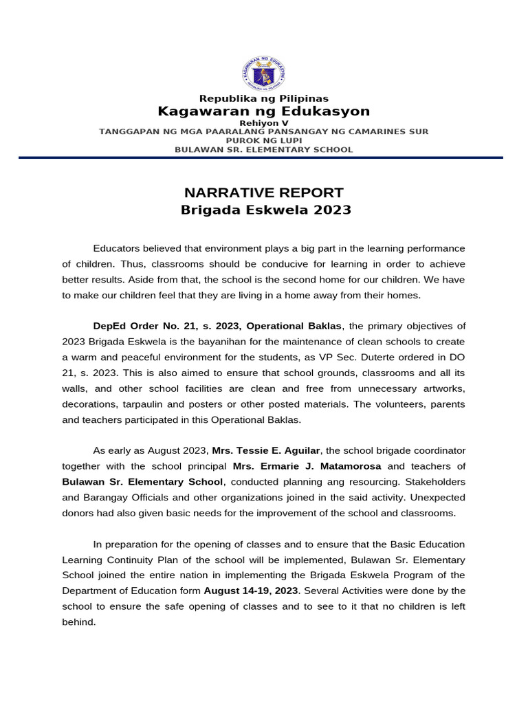Narrative Report Brigada Eskwela 2023 | PDF | Learning