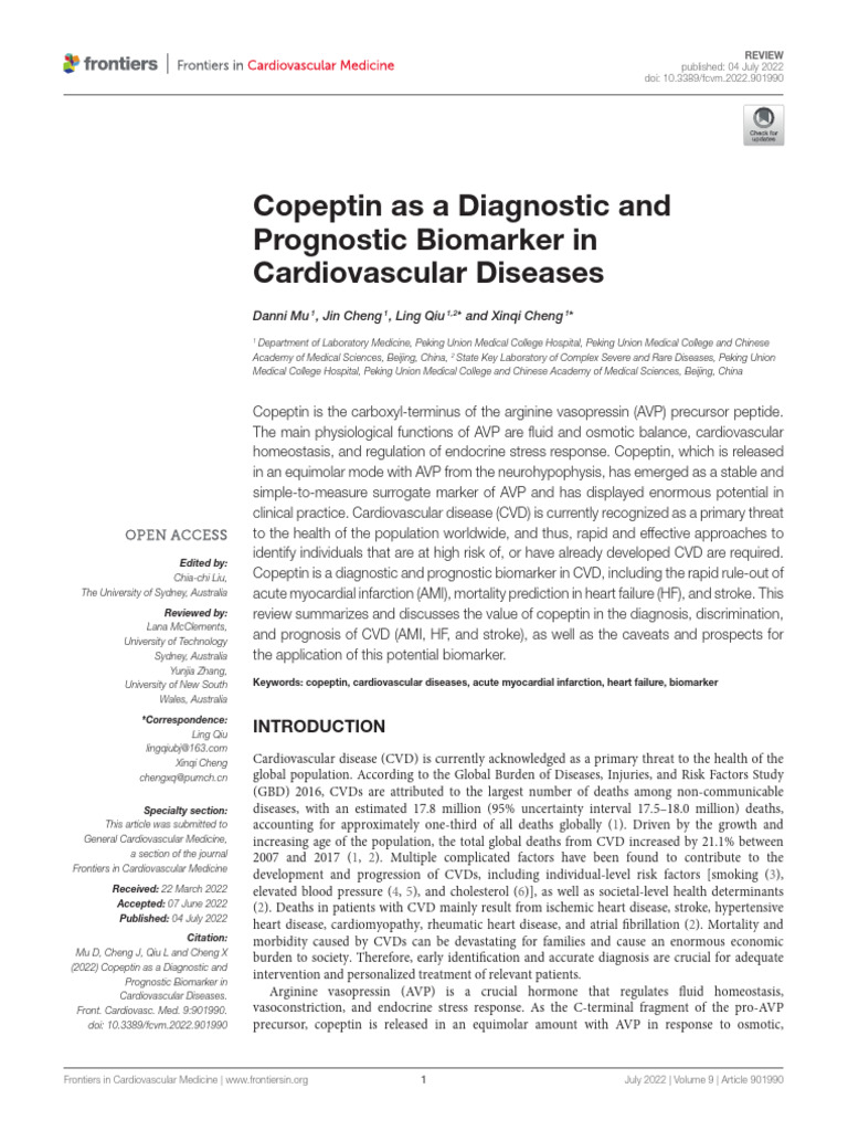 Copeptin As A Diagnostic and Prognostic Biomarker in Cardiovascular ...