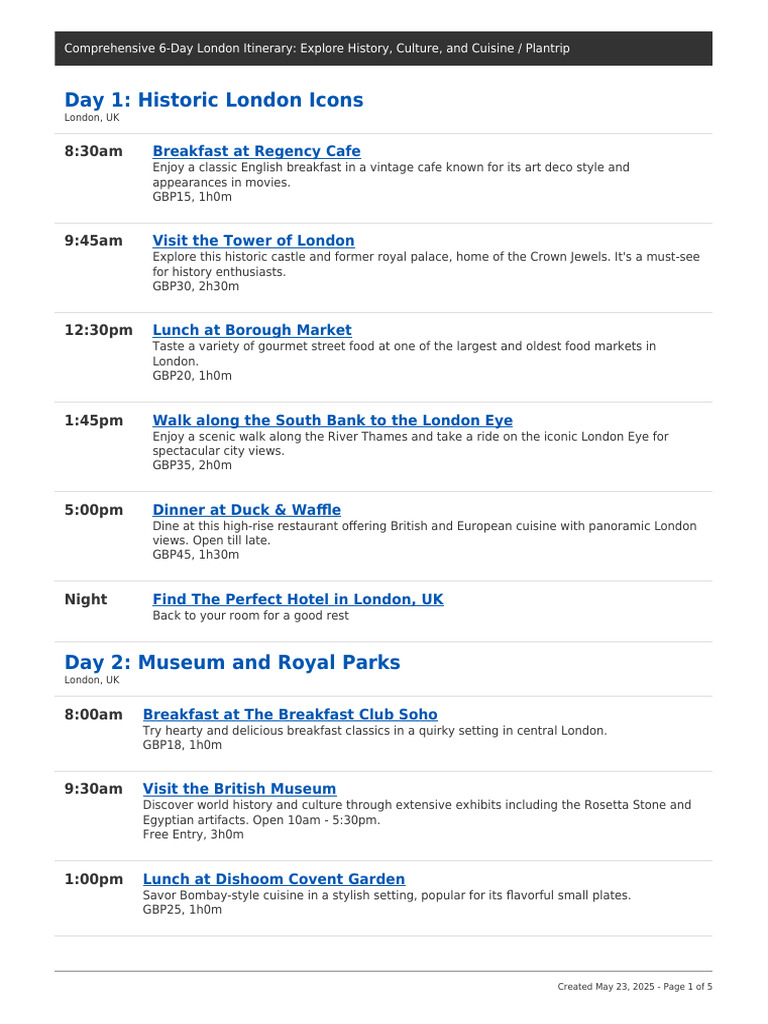 6-Day London Itinerary Overview | PDF | London | Restaurants