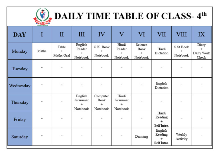 Daily Time Table of Class 4th | PDF