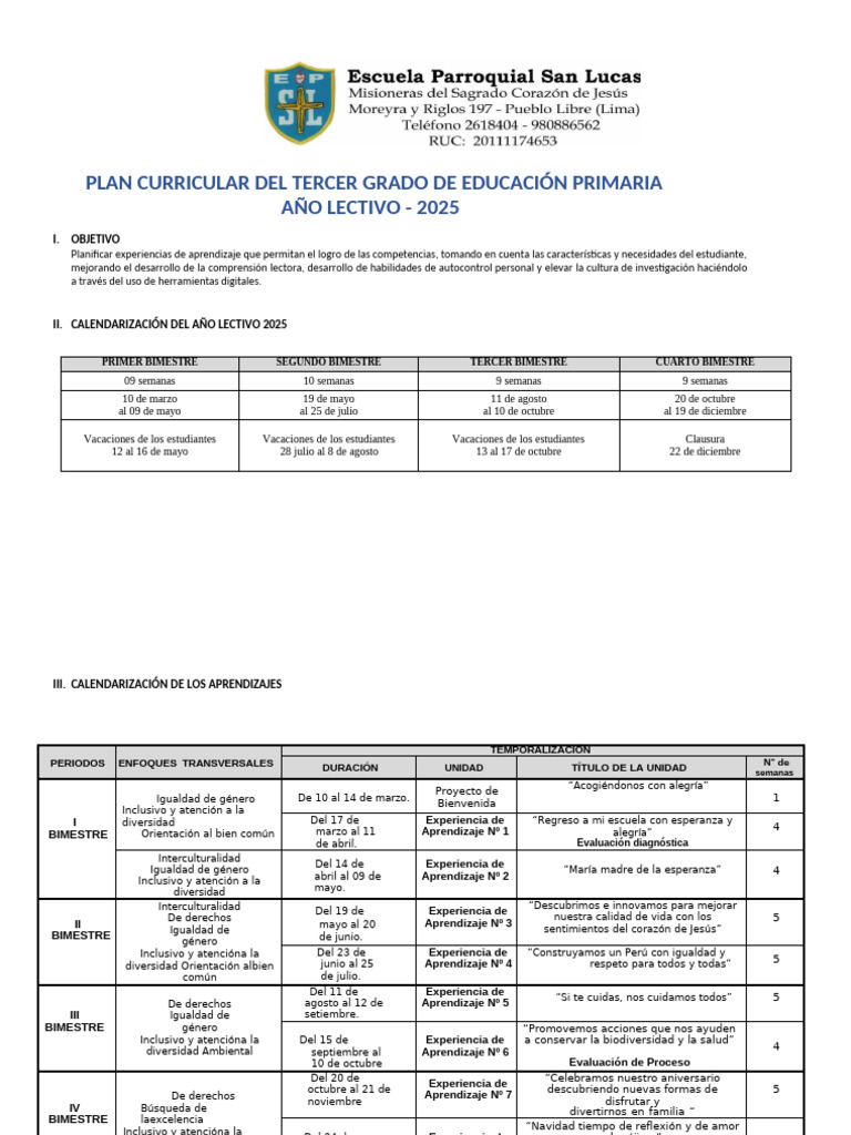 IRIS Plan Curricular de Tercer Grado de Primaria-2025 | PDF | Multiplicación | Datos