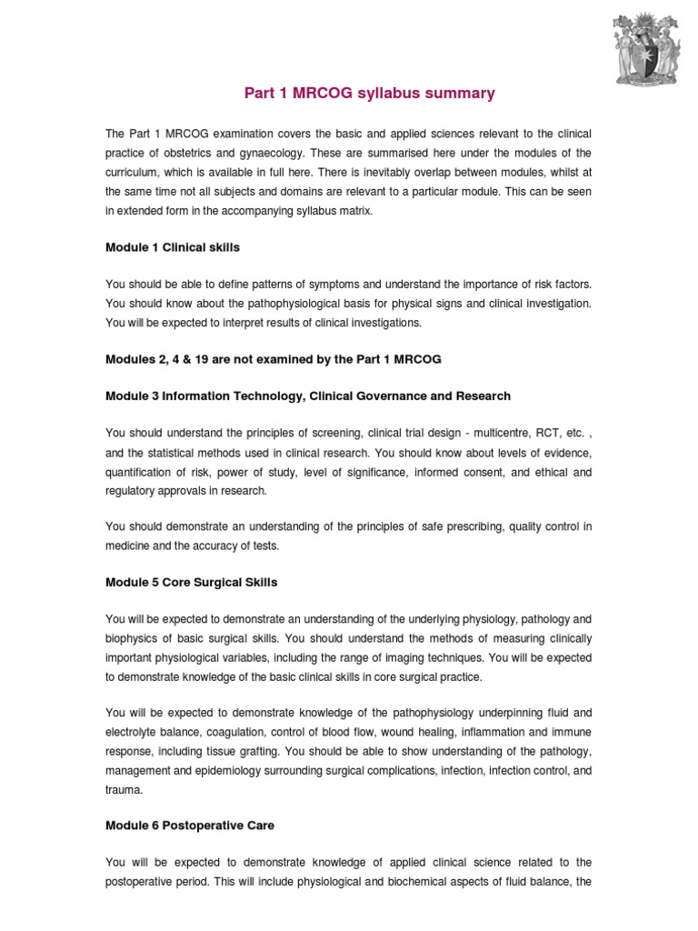 Part 1 MRCOG Syllabus Summary: Module 1 Clinical Skills | PDF