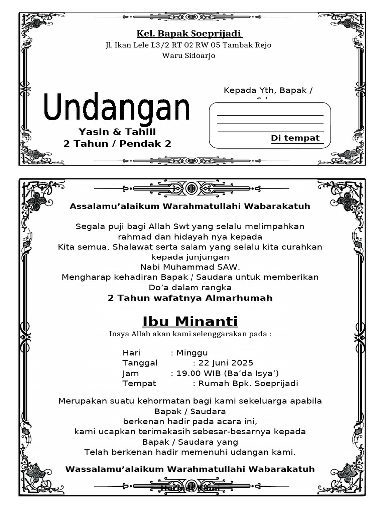 Undangan Tahlil 2 Tahun Pendak | PDF