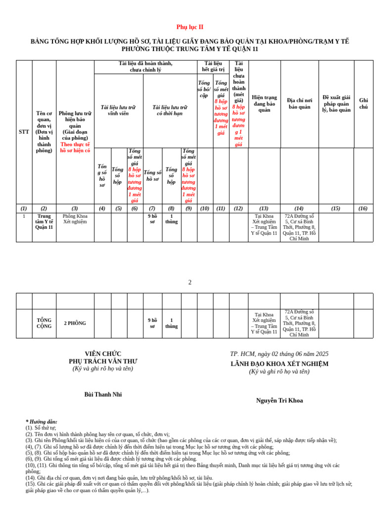 Phu Luc II Mau Tong Hop Khoi Luong TL Cua Quan Va Phuong | PDF