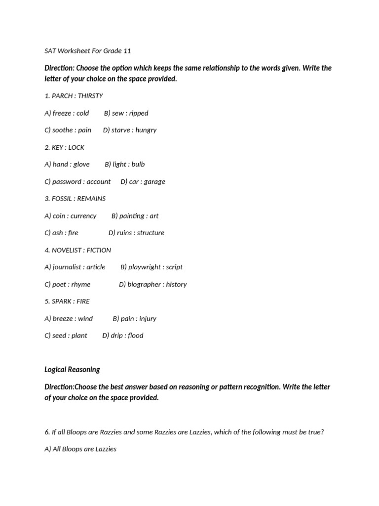 SAT Worksheet For Grade 11 | PDF