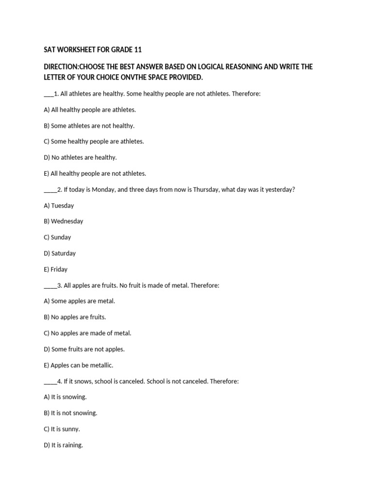 SAT Logical Reasoning Worksheet | PDF