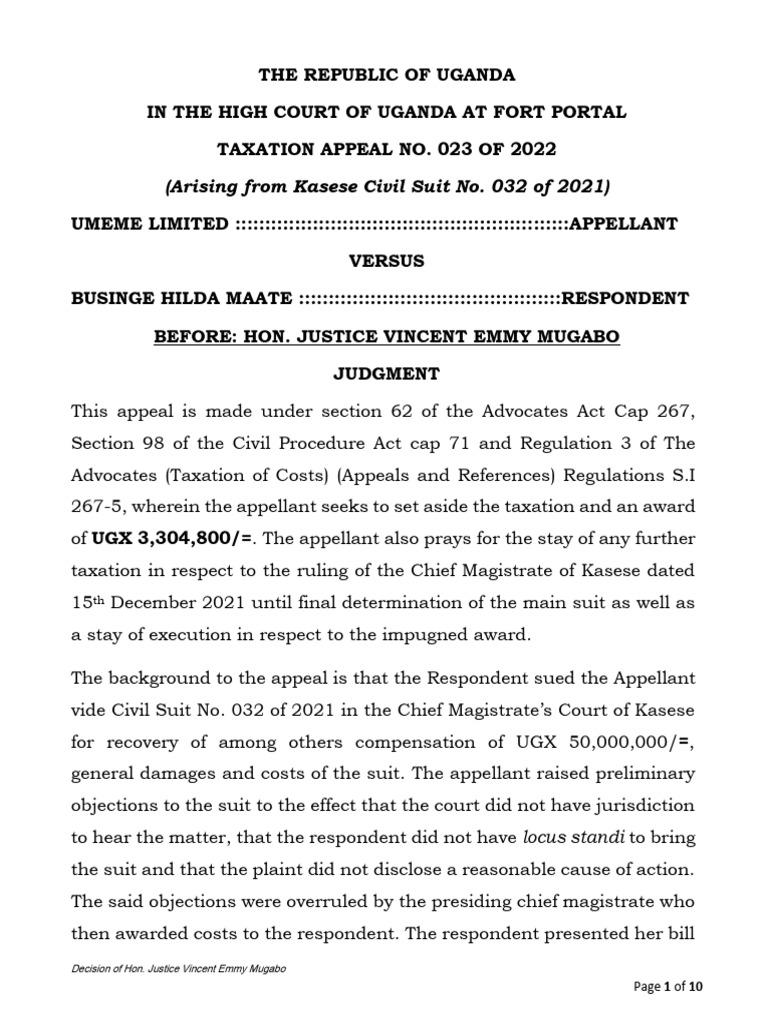 Umeme Limited V Businge (Taxation Appeal No 23 of 2022) 2022 UGHCCD 273 (24 October 2022) | PDF ...