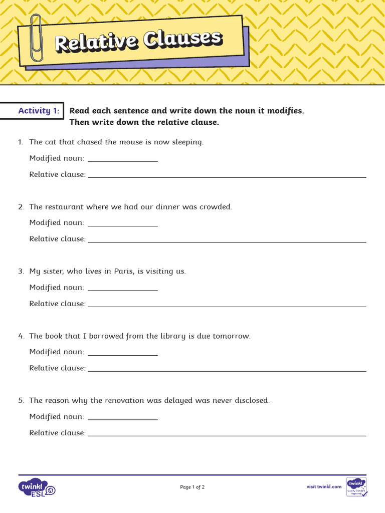 Relative Clauses Activity Sheet | PDF | English As A Second Or Foreign ...