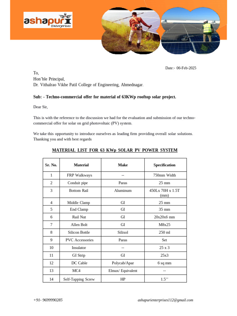 63KWp Solar Project Material Quotation | PDF | Photovoltaics ...