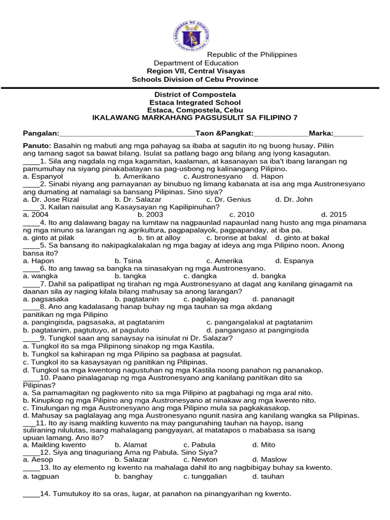 Filipino 7 q2 Periodical Test | PDF