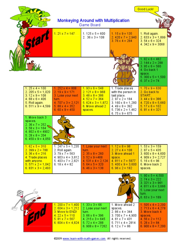 Monkey Multiplication Gameboard | PDF