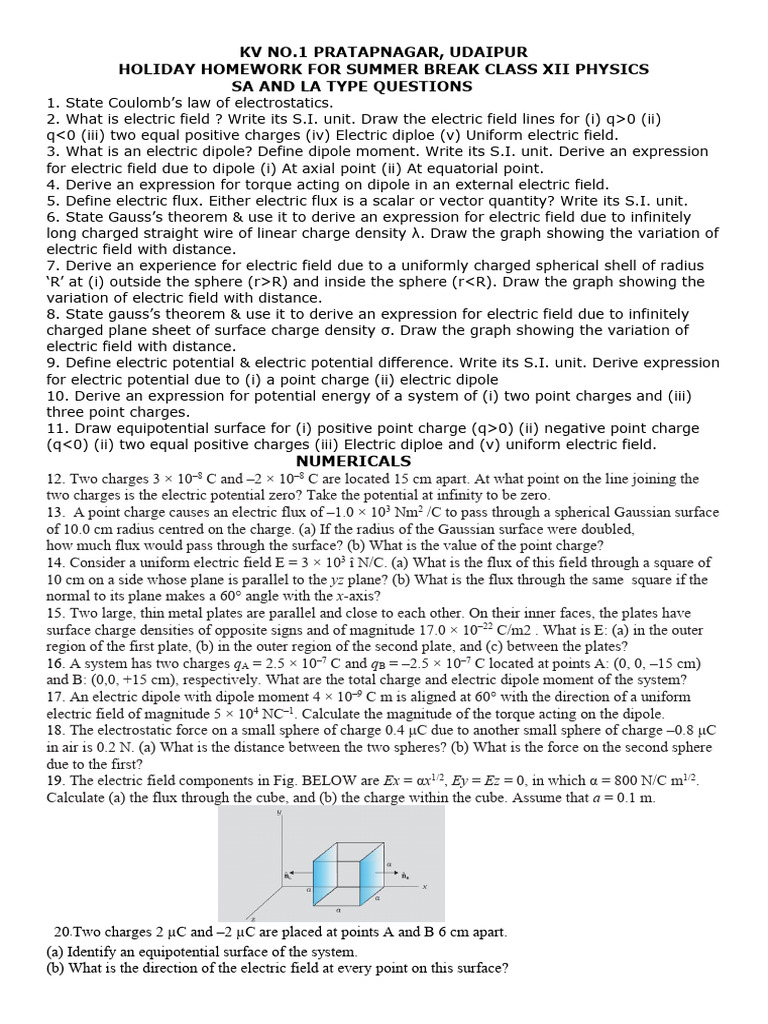 Xii Physics Holiday Homework12 | PDF | Electric Field | Electromagnetism