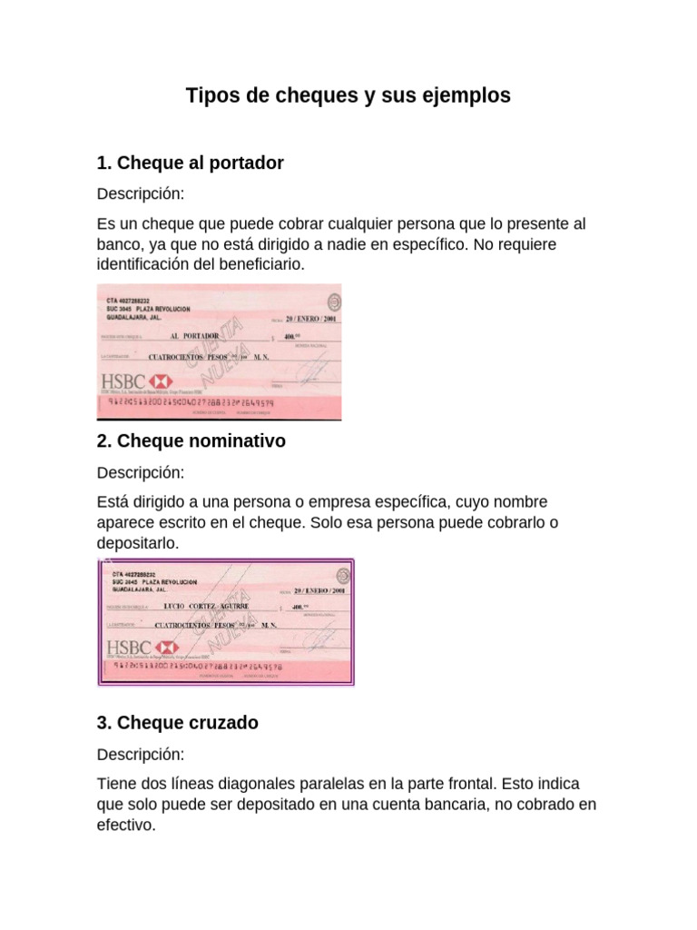 Tipos de cheques y ejemplos prácticos | PDF