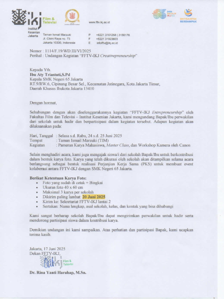 Undangan Kegiatan FFTV-IKJ Creativepreneurship - SMKN 65 Jakarta | PDF